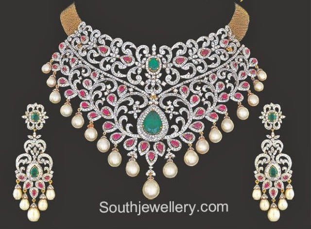 Flat Diamond Peacock Nakshi necklace - Indian Jewellery Designs