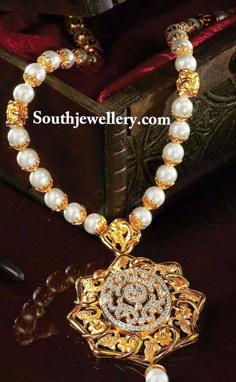 South Sea Pearls String with CZ Stones Pendant - Indian Jewellery Designs