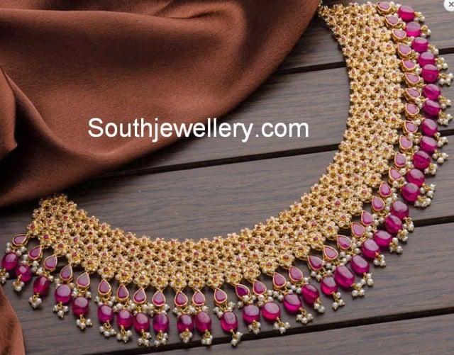 Floral Uncut Diamond Ruby Necklace - Indian Jewellery Designs