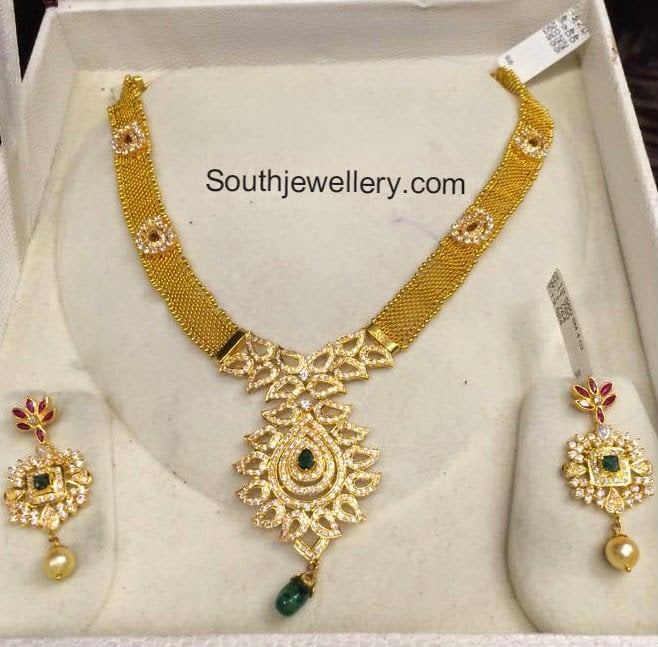 Gold Mesh Chains with CZ Pendants - Indian Jewellery Designs