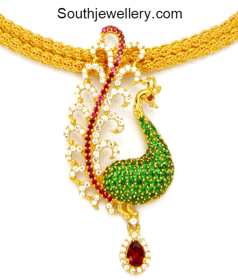 Gold Chain With Cz Peacock Pendant Indian Jewellery Designs