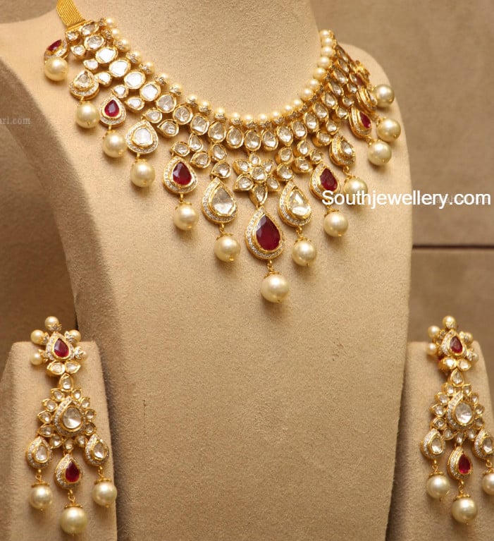 Polki Ruby Necklace and Earrings Set - Jewellery Designs Polki Ruby Necklace and Earrings Set - Jewellery Designs