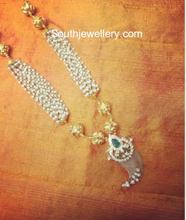 Pearls Mala with Diamond Puligoru Pendant - Indian Jewellery Designs