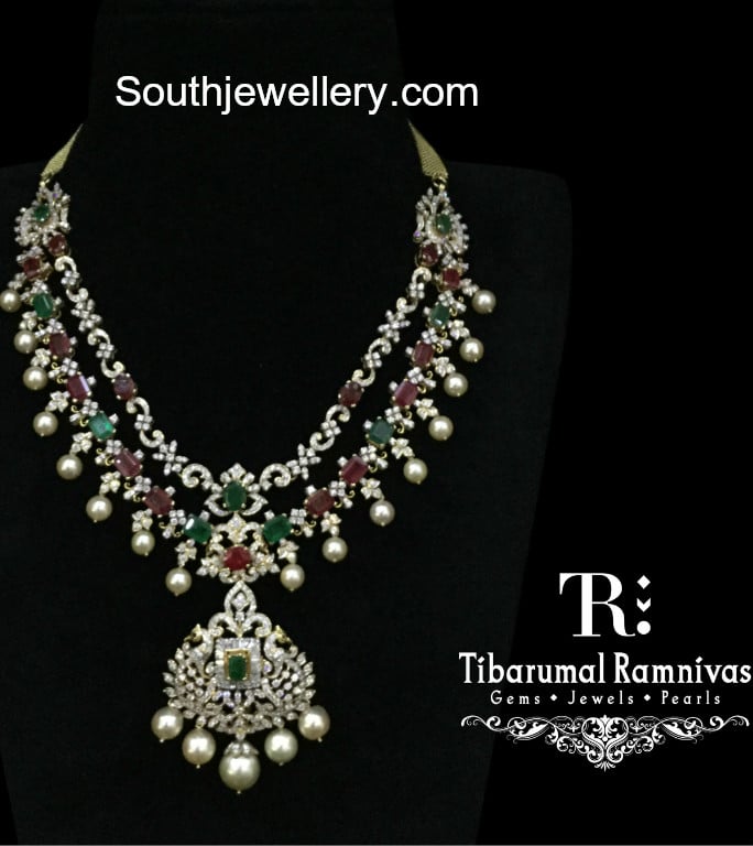 Diamond Emerald Ruby Step Necklace - Indian Jewellery Designs