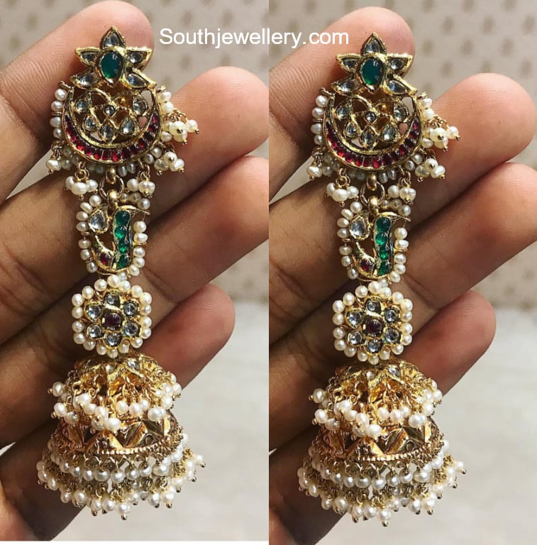 Antique Gold Pearl Long Jhumkas - Indian Jewellery Designs
