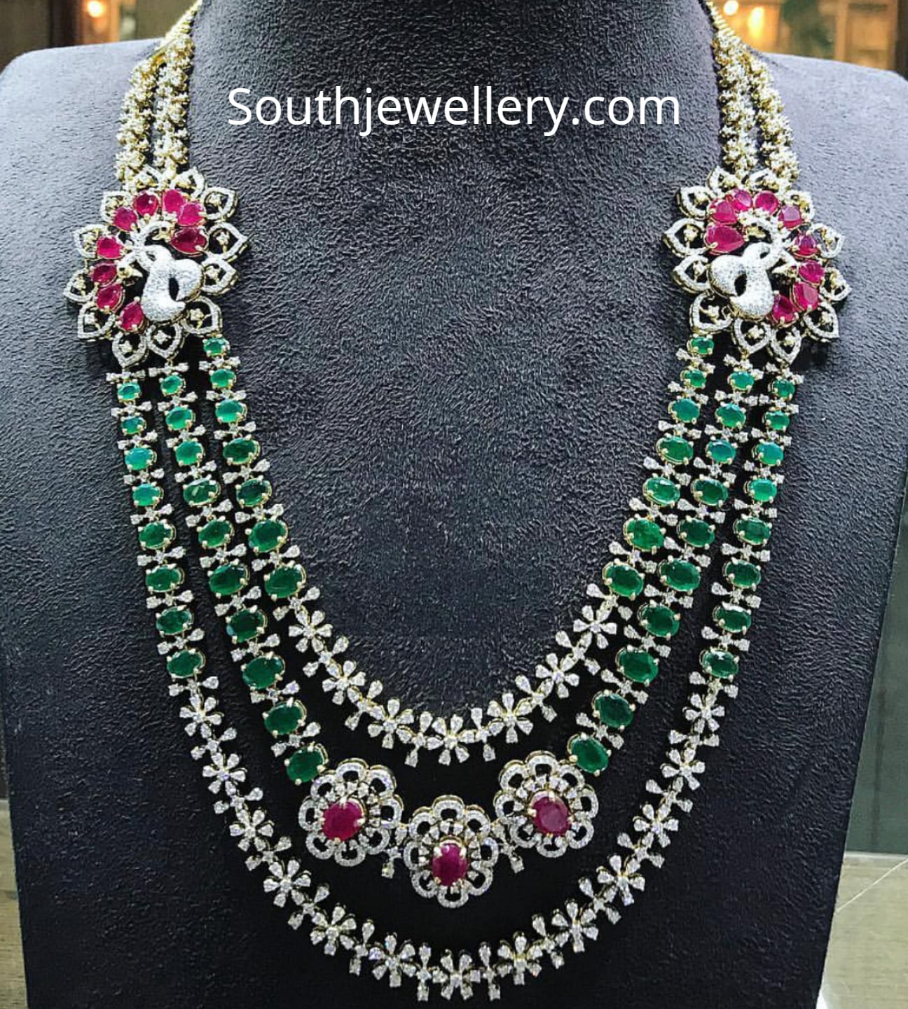 Diamond emerald layered haram - Indian Jewellery Designs