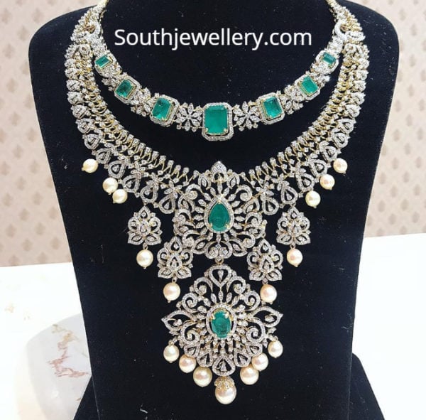 Two step diamond emerald necklace - Indian Jewellery Designs