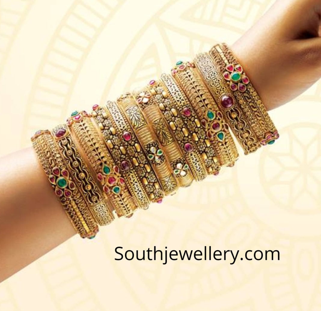 Antique Gold Bangles Set by GRT Jewellers - Indian Jewellery Designs