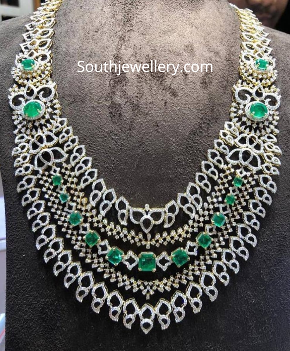 Layered diamond emerald haram - Indian Jewellery Designs