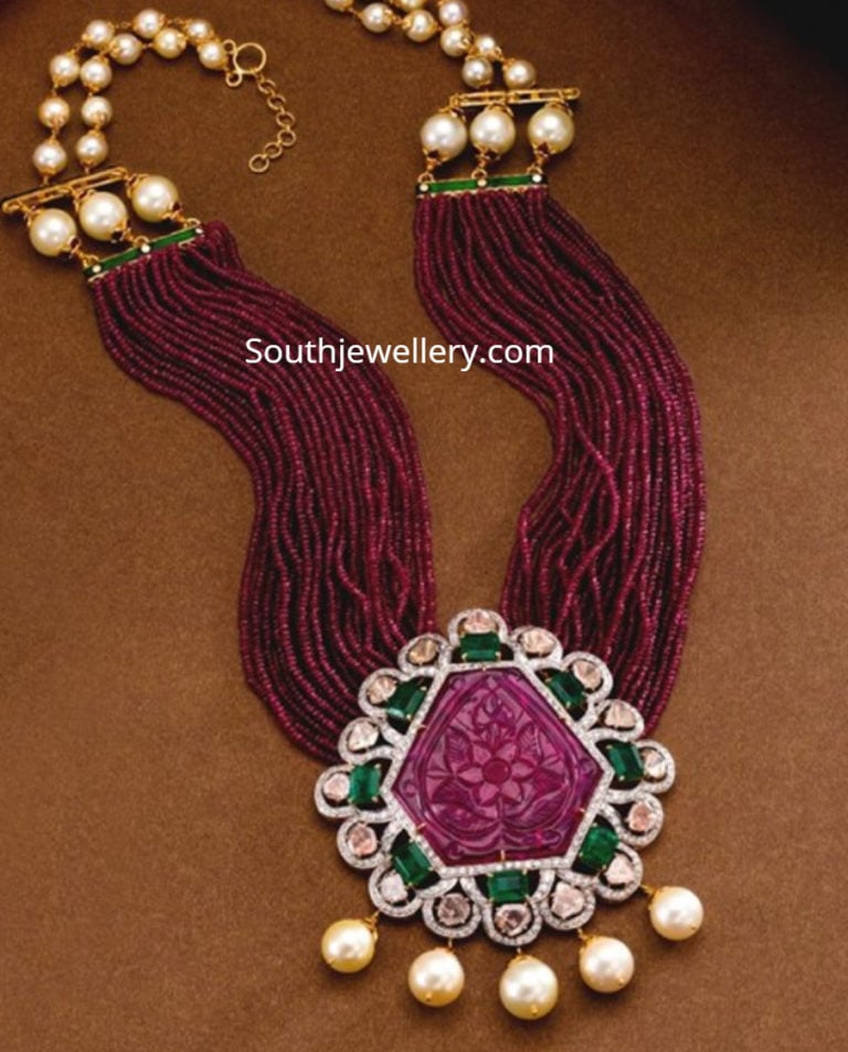 Ruby Beads Mala With Carved Ruby Pendant - Indian Jewellery Designs