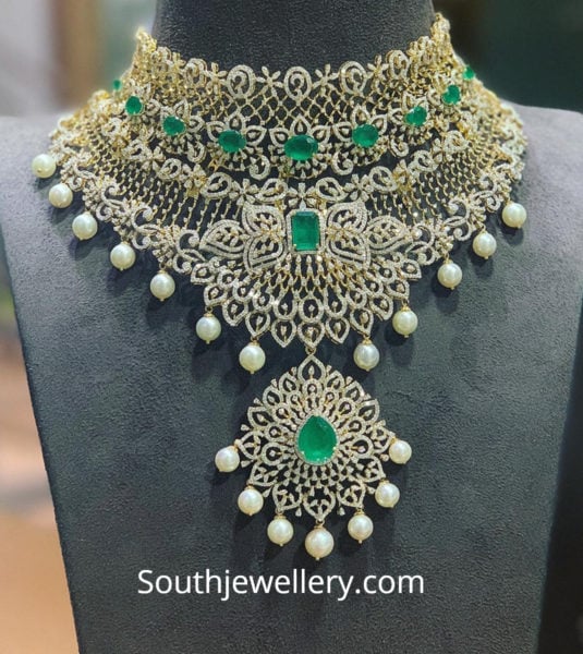 Two step bridal diamond necklace - Indian Jewellery Designs