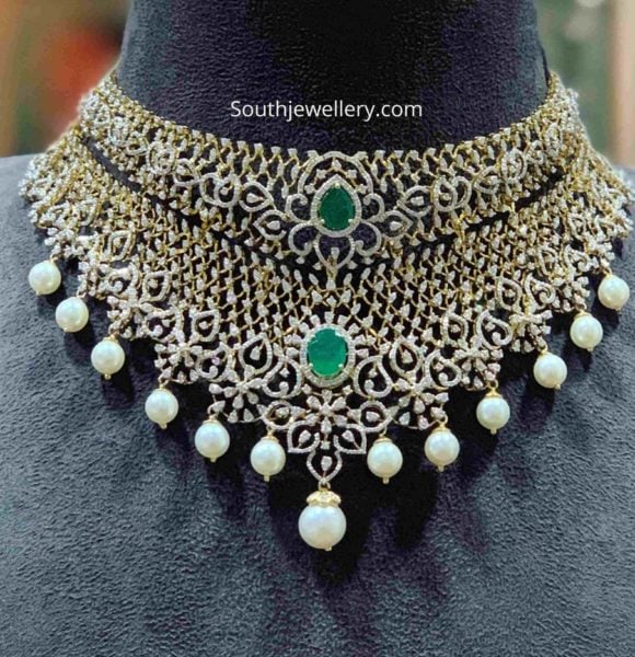 Two step diamond emerald choker - Indian Jewellery Designs