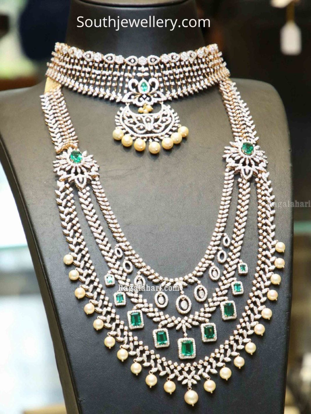 Diamond choker and layered step haram - Indian Jewellery Designs