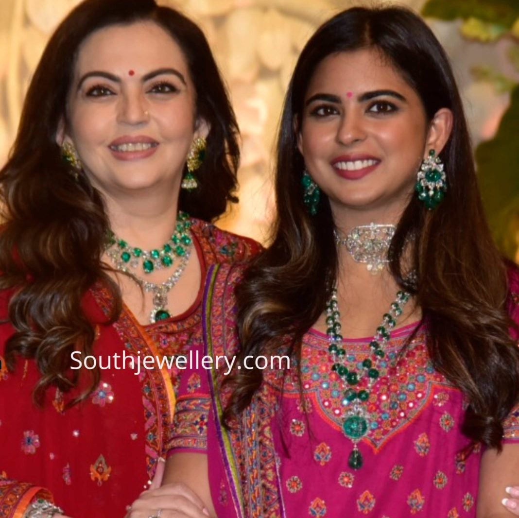 Nita Ambani and Isha Ambani in diamond emerald jewellery