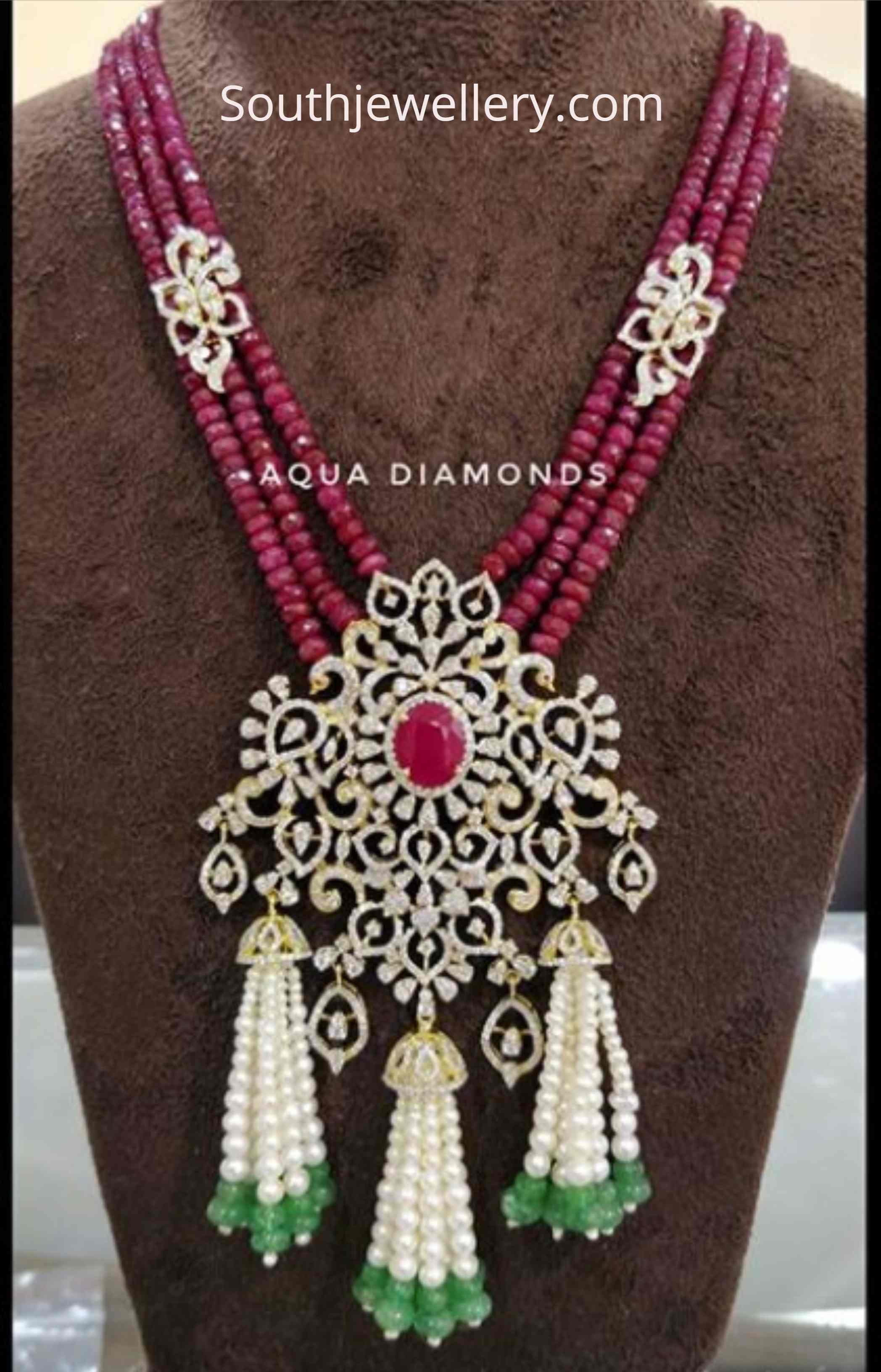Ruby beads necklace with diamond pendant - Indian Jewellery Designs Ruby beads necklace with diamond pendant - Indian Jewellery Designs