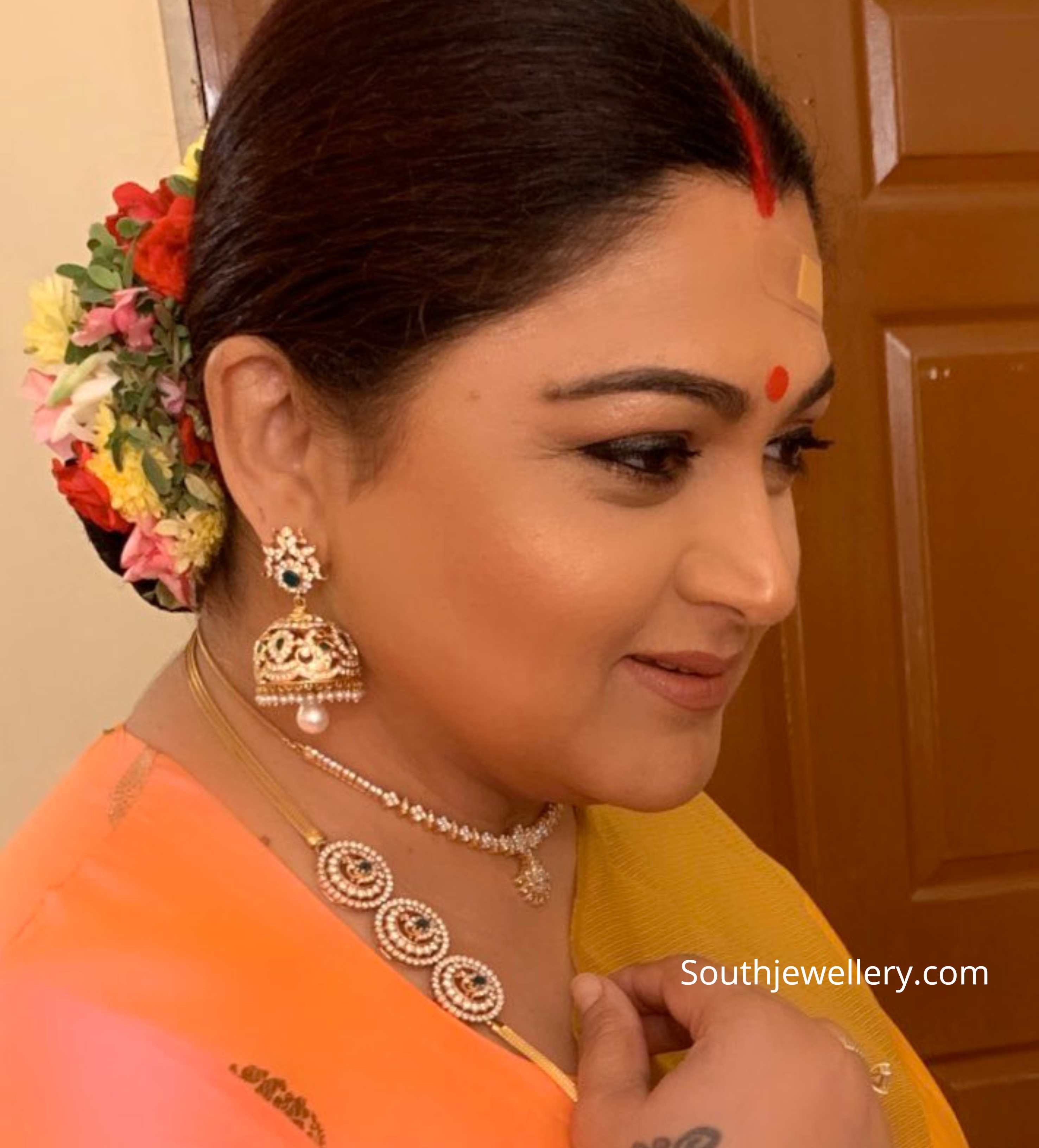 Khushbu Sundar in diamond necklace and jhumkas - Indian Jewellery Designs