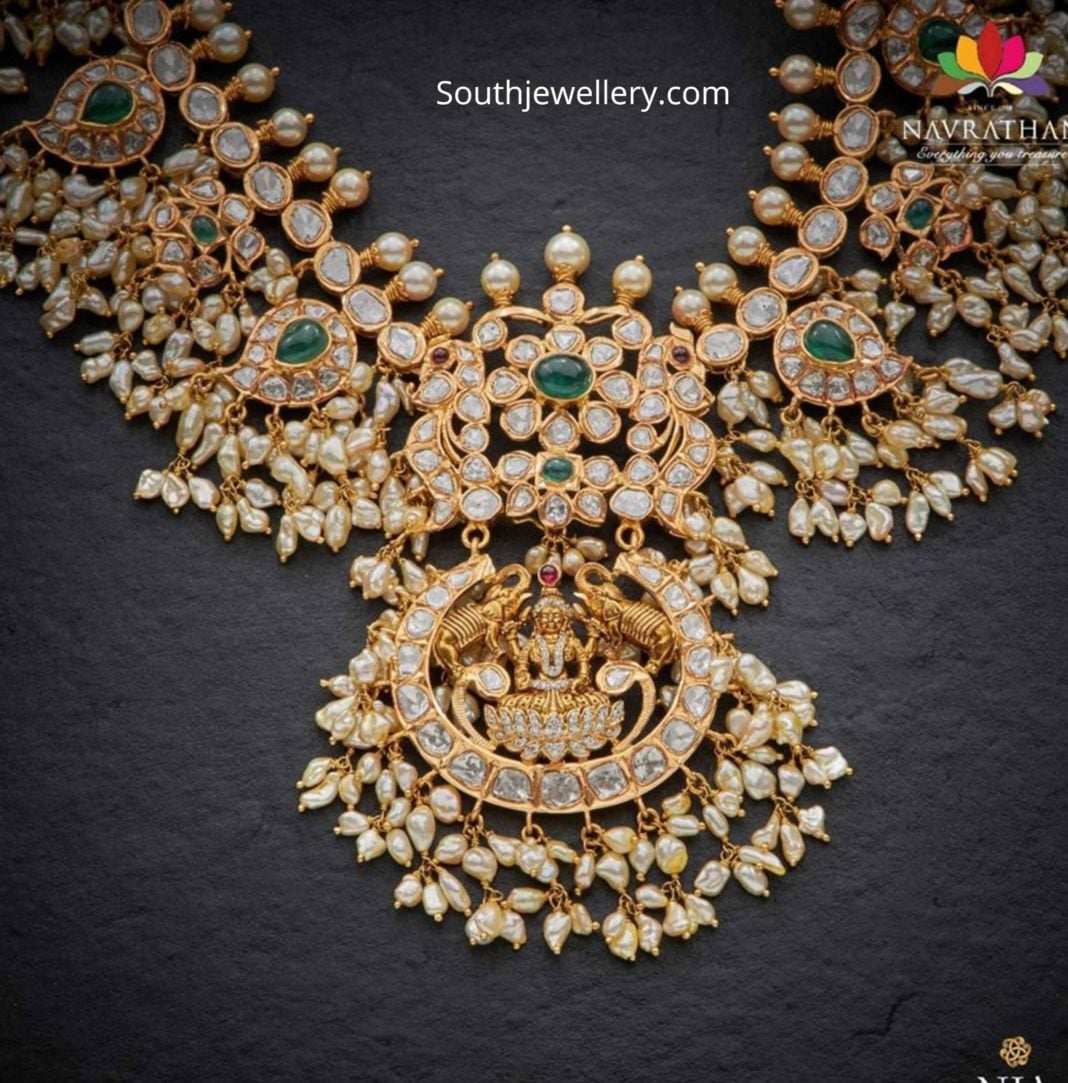 Polki diamond guttapusalu necklace with Lakshmi pendant