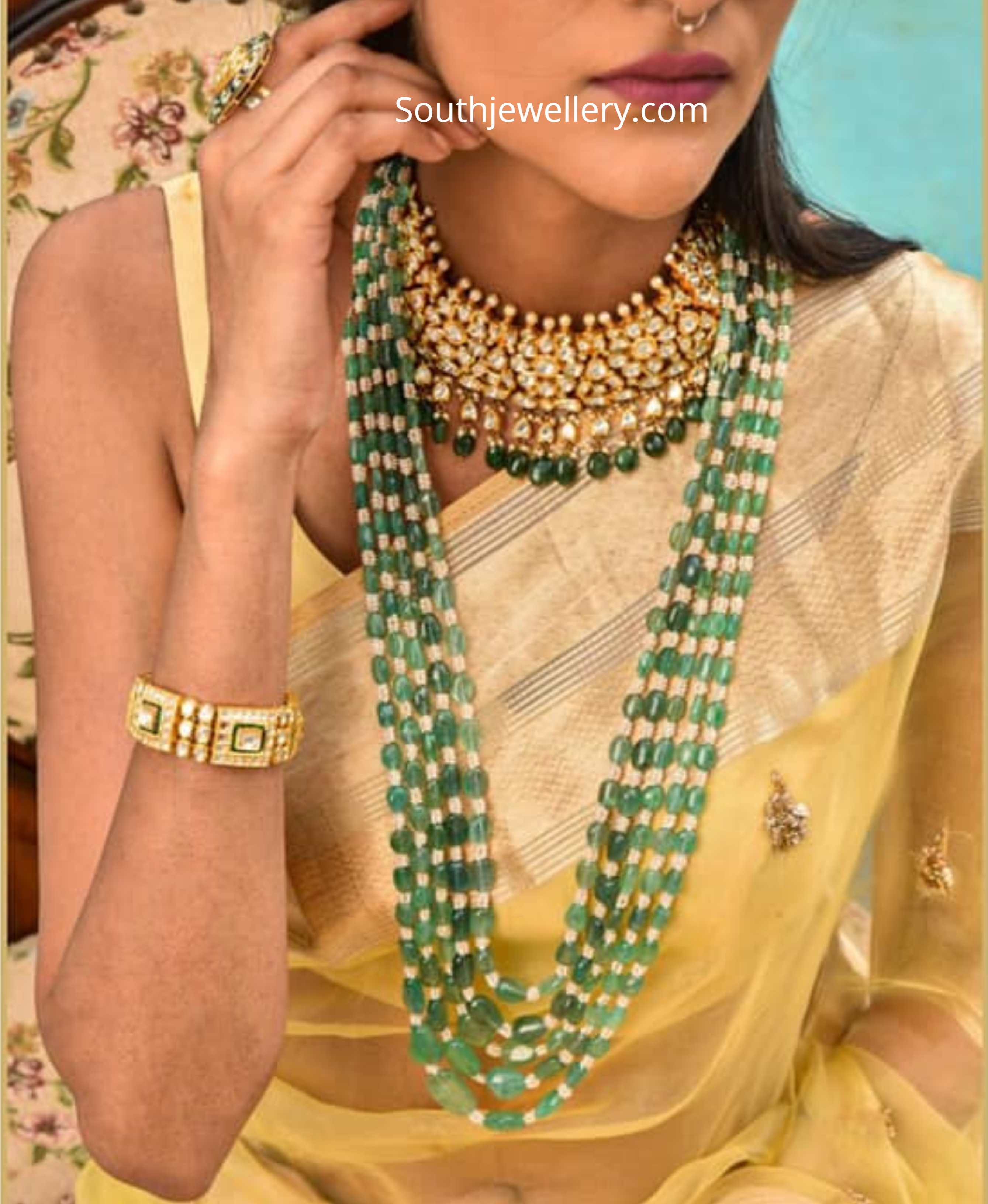 Polki choker and emerald beads mala - Indian Jewellery Designs