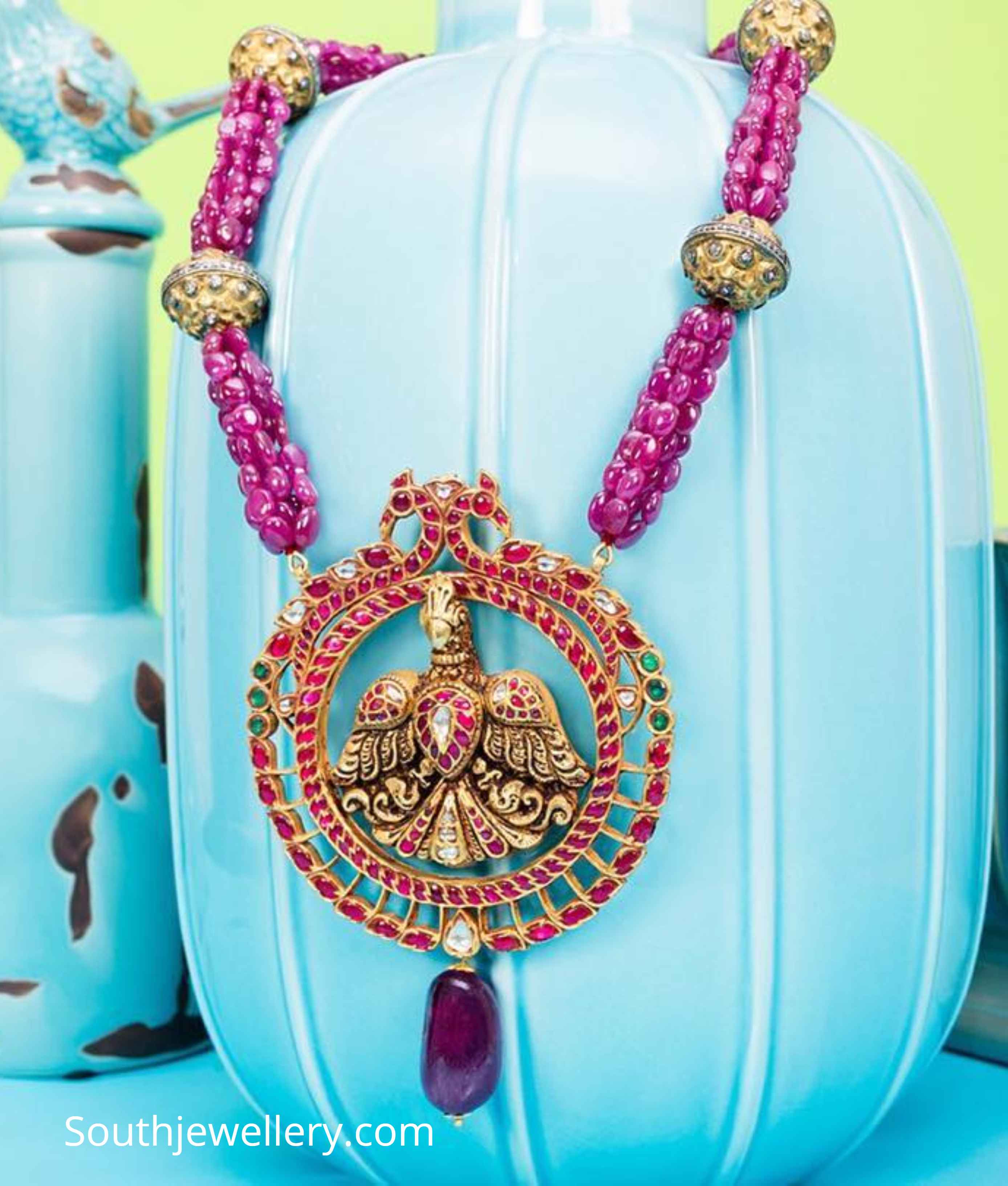 Ruby beads necklace with kundan pendant - Indian Jewellery Designs