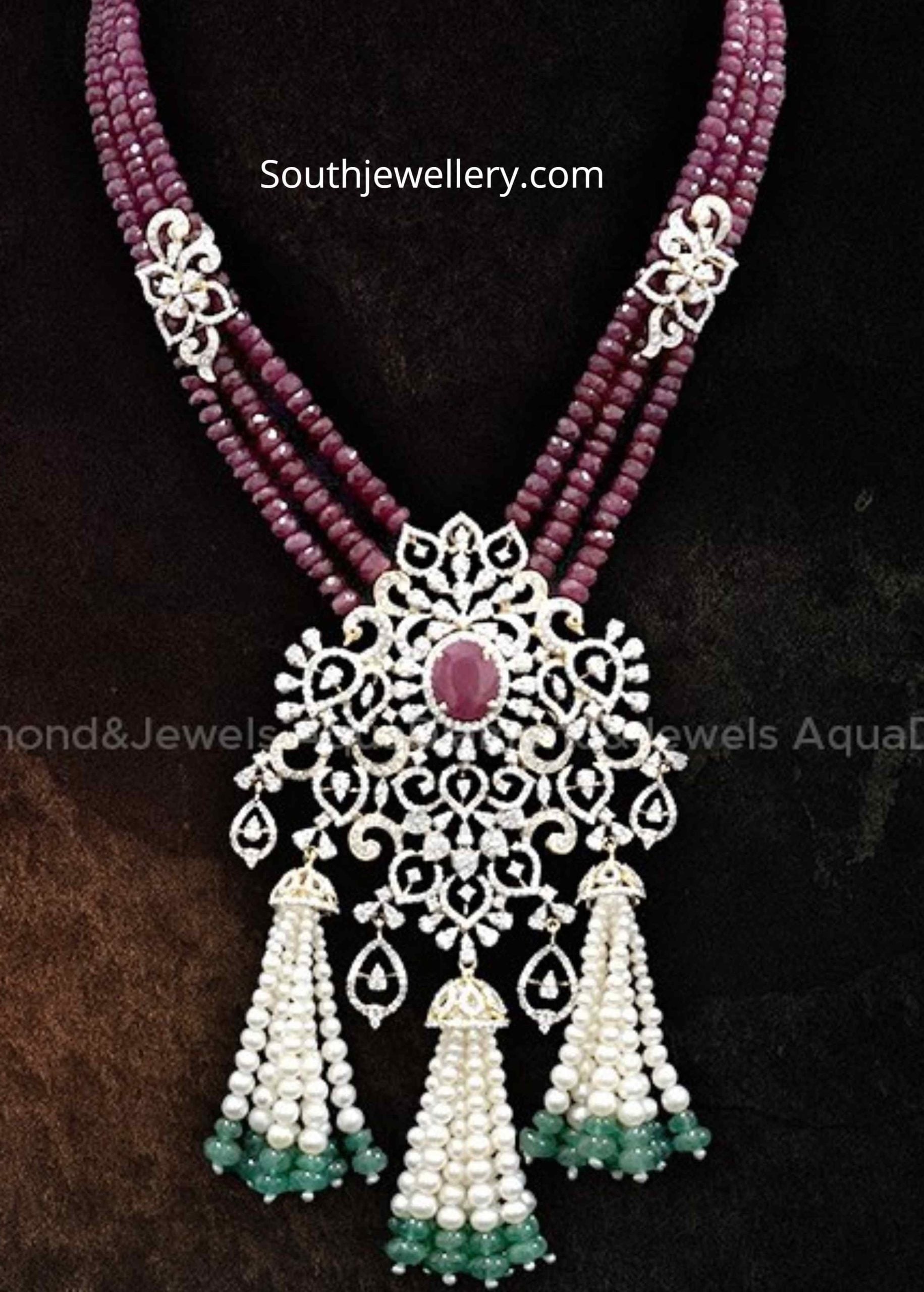 Ruby beads necklace with diamond pendant - Indian Jewellery Designs