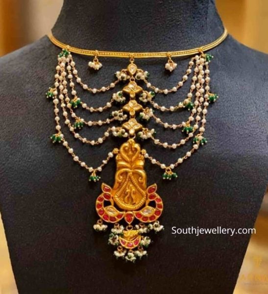 Antique gold hasli necklace with pearl chains - Indian Jewellery Designs