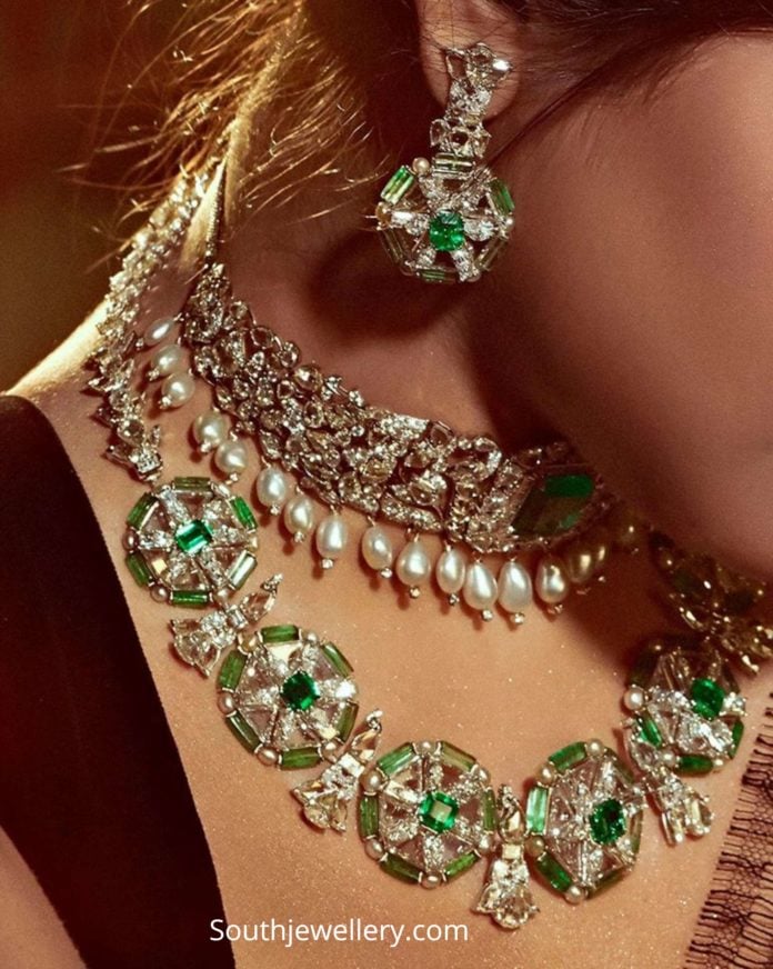 Diamond emerald choker and necklace set - Indian Jewellery Designs