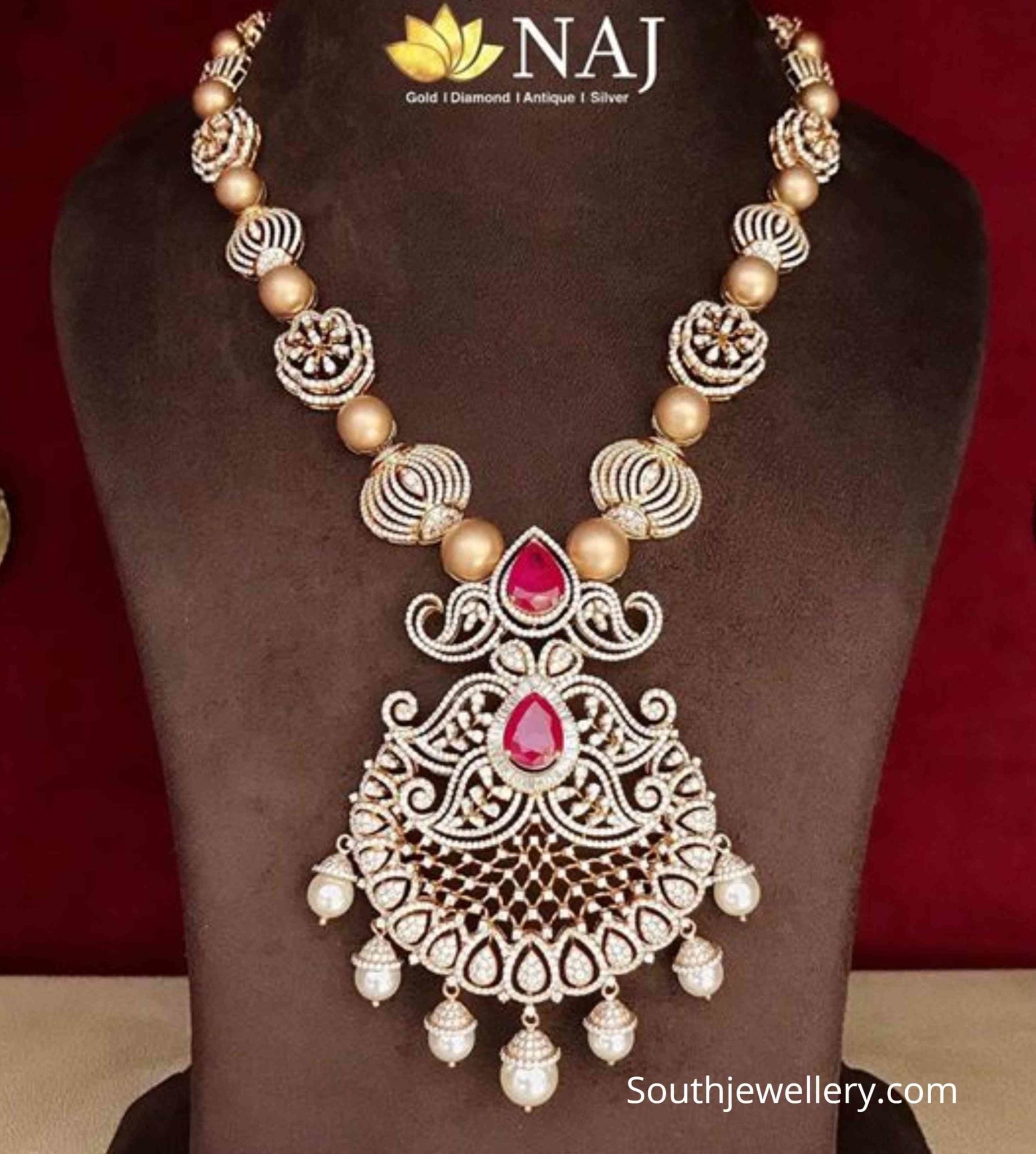 Diamond ruby pearl necklace - Indian Jewellery Designs