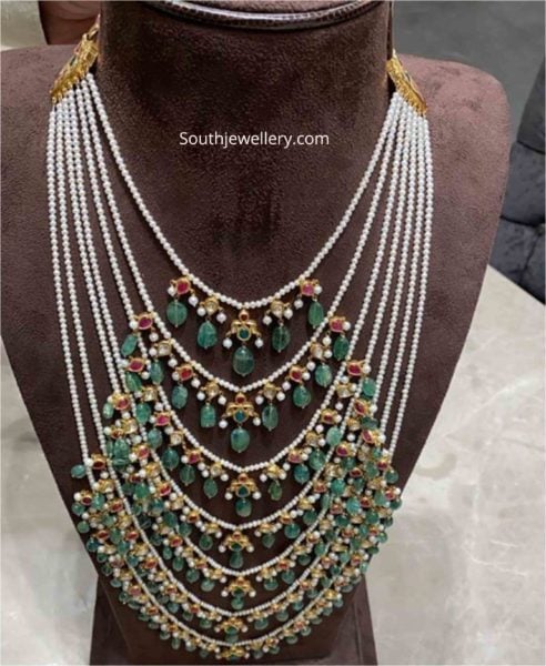 Pearl and emerald beads satlada haar - Indian Jewellery Designs