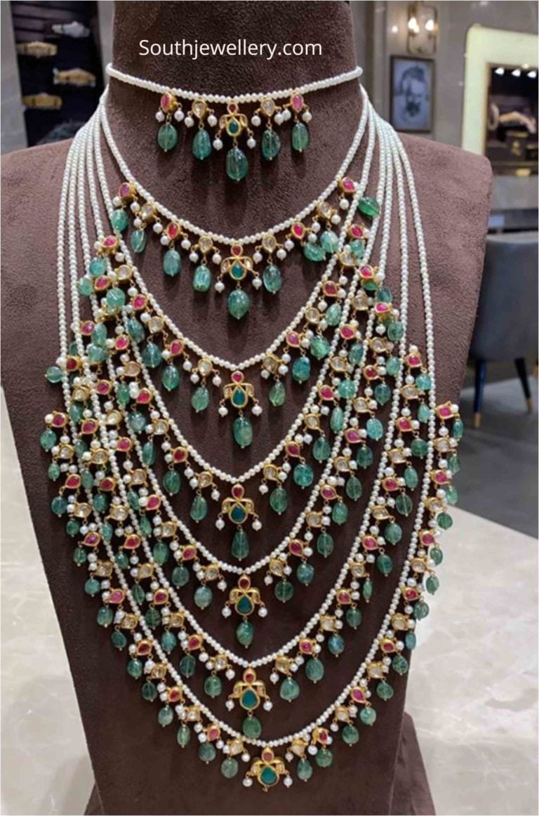 Pearl and emerald beads satlada haar - Indian Jewellery Designs