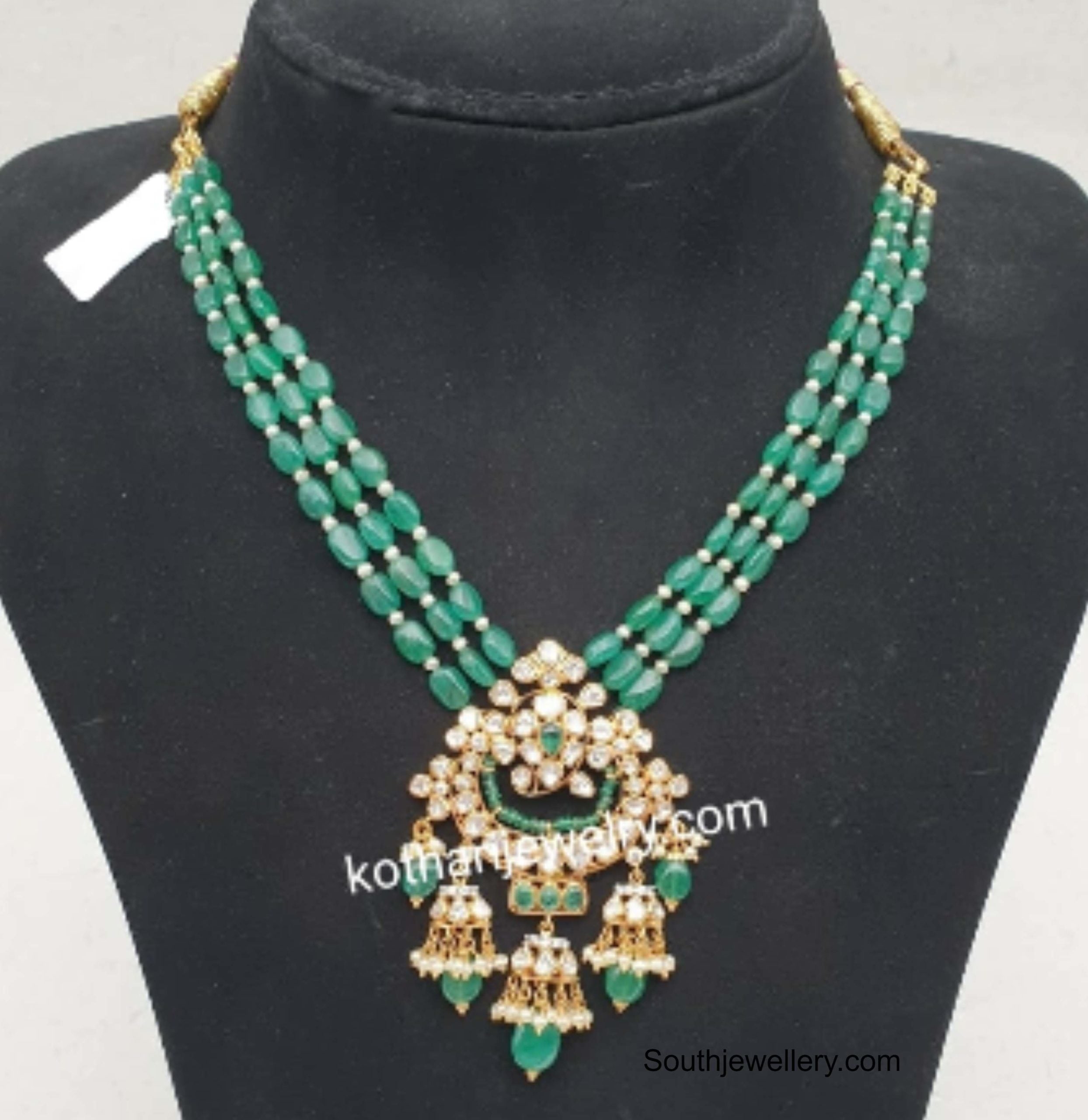 Emerald beads necklace with polki pendant - Indian Jewellery Designs