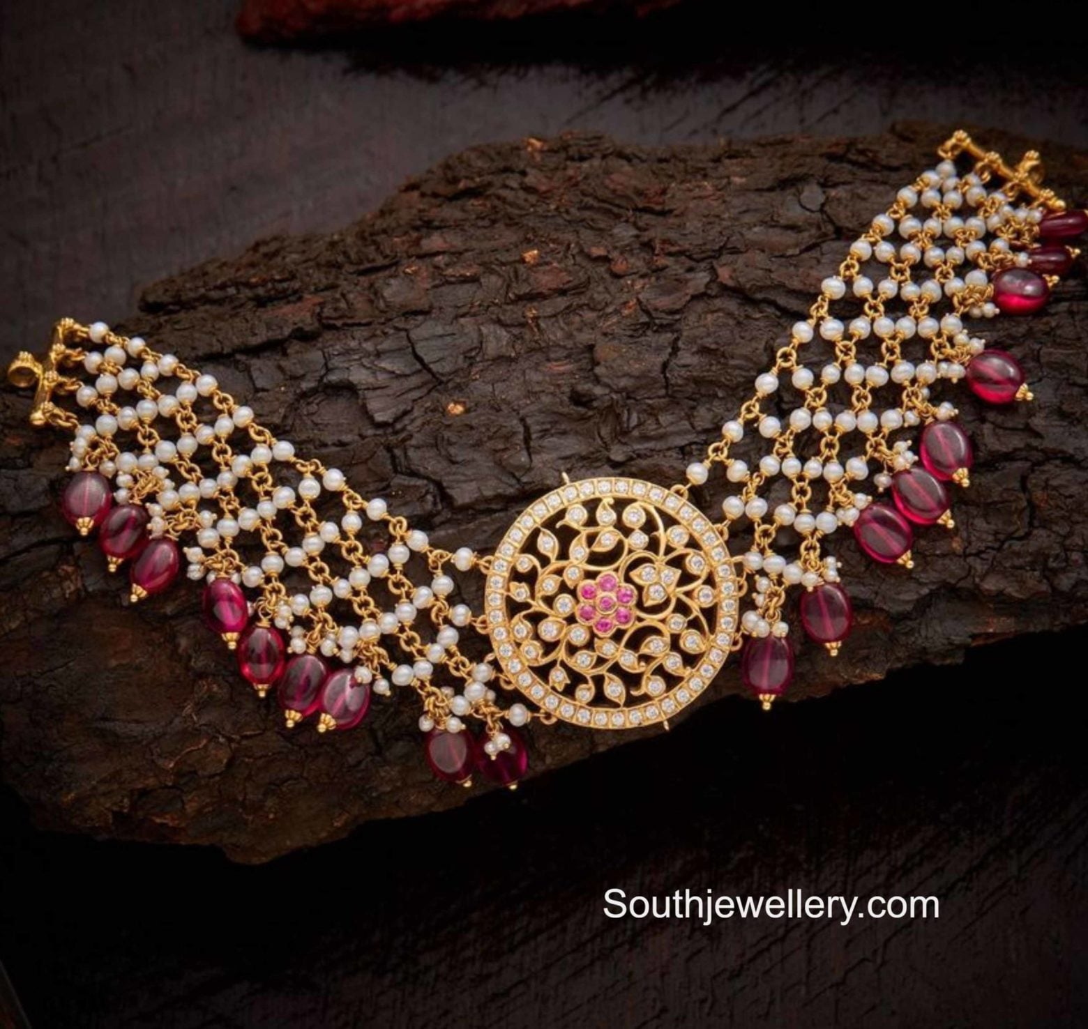 Pearl choker with CZ pendant - Indian Jewellery Designs