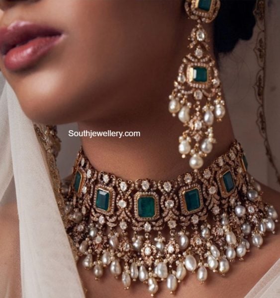 Diamond emerald choker set - Indian Jewellery Designs
