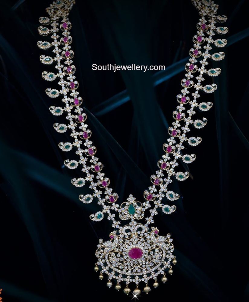Diamond mango haram with peacock pendant - Indian Jewellery Designs