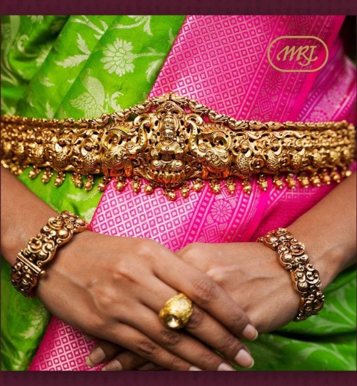 Antique gold peacock vaddanam and bangles - Indian Jewellery Designs