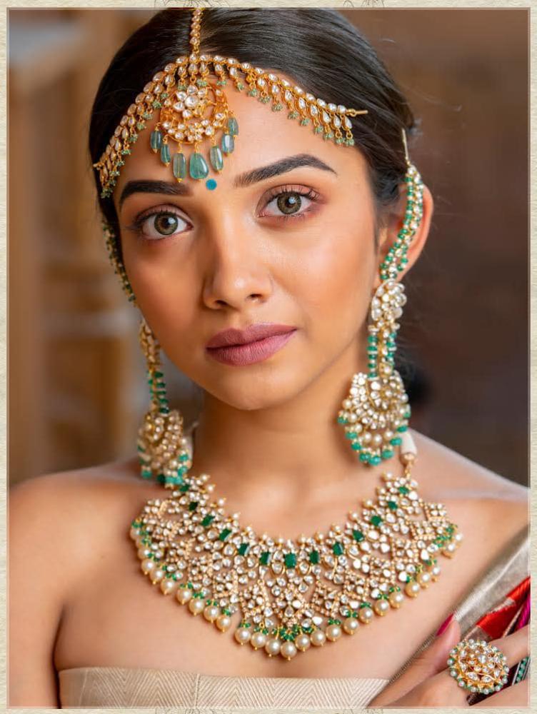 Polki diamond and emerald necklace set - Indian Jewellery Designs
