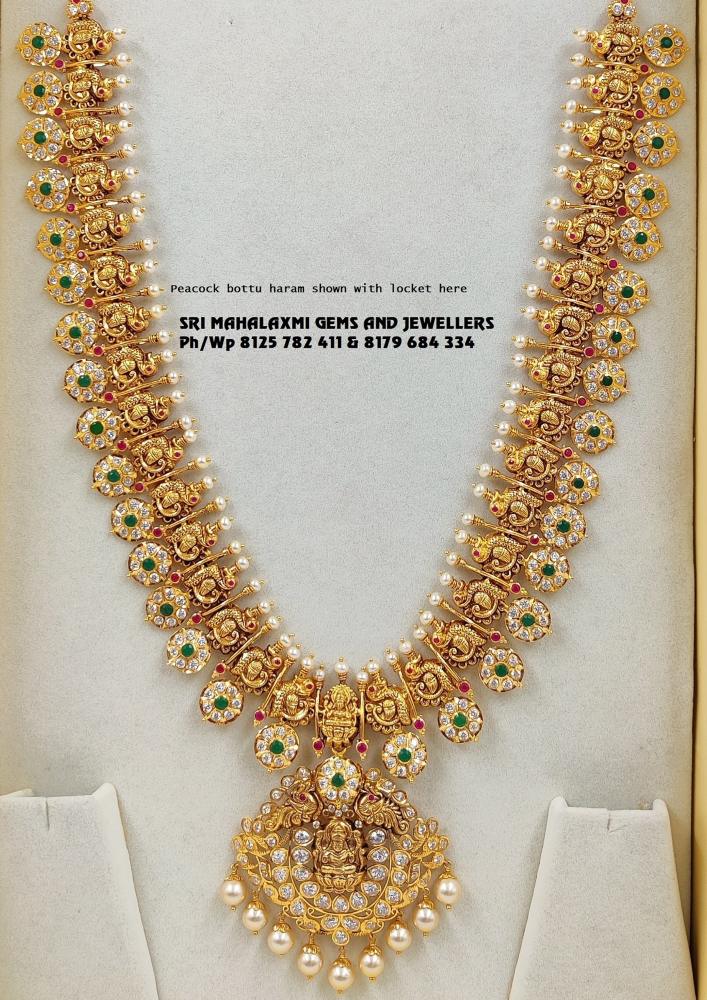 Uncut diamond peacock bottu haram with detachable pendant