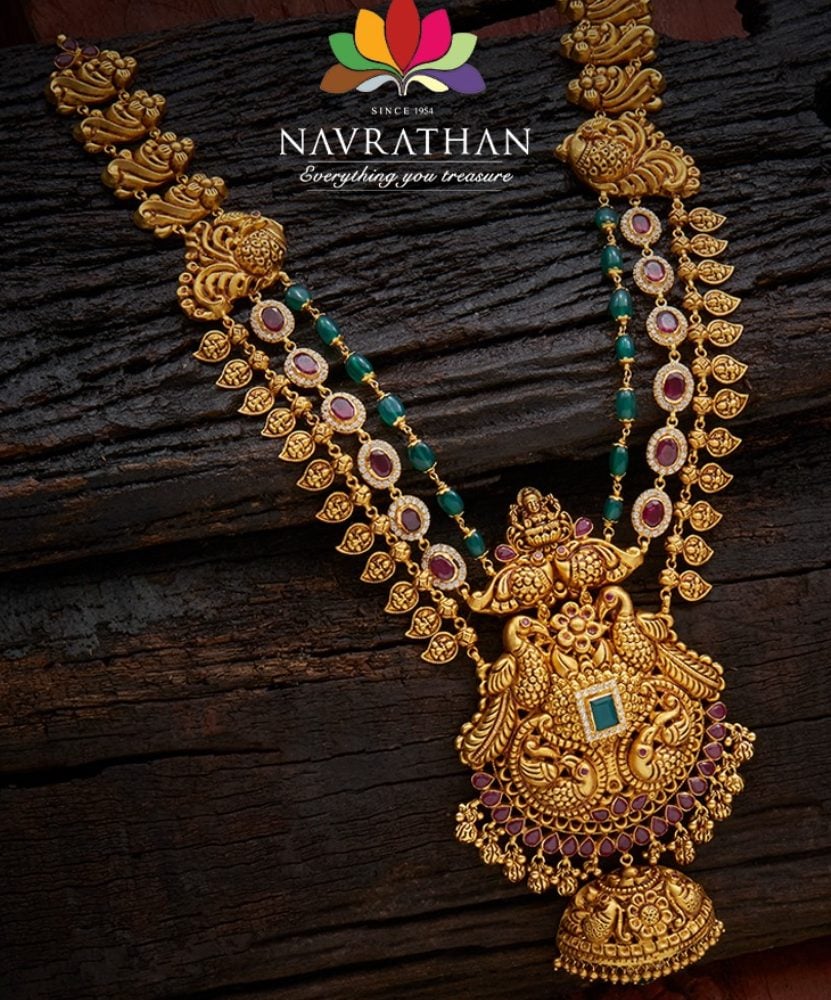 Antique gold Lakshmi haram with peacock pendant