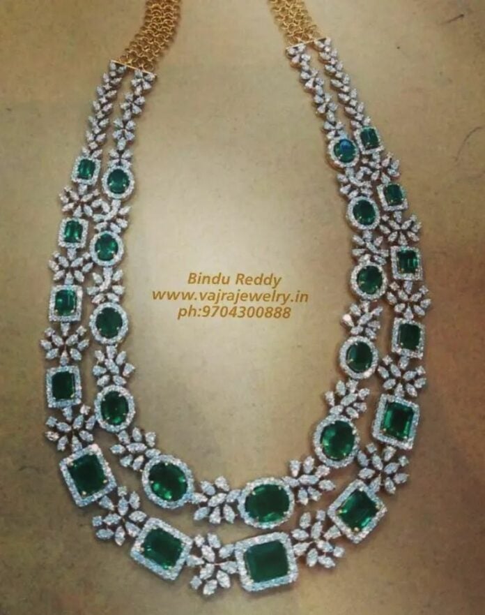 Two step diamond and emerald haram - Indian Jewellery Designs