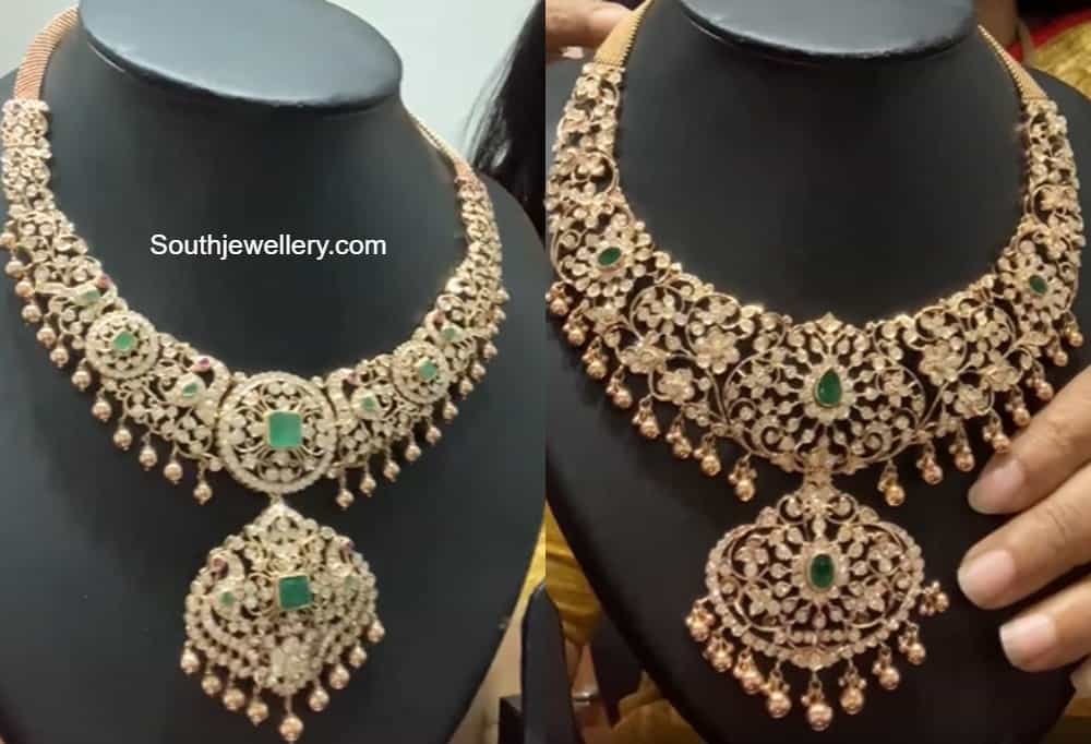 Closed setting diamond emerald necklaces - Indian Jewellery Designs