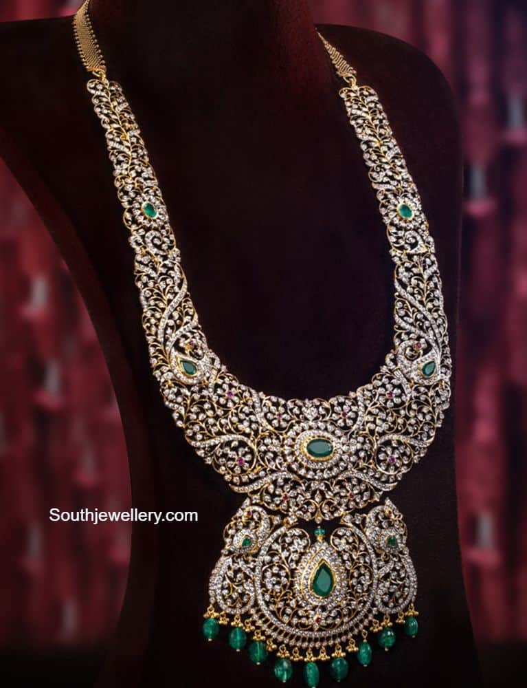 Diamond and emerald long bridal haram - Indian Jewellery Designs