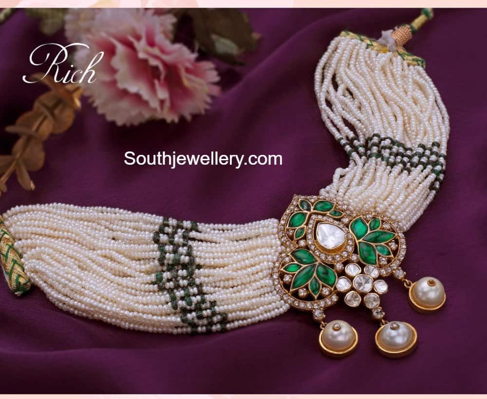 Multi-strand pearl choker with polki pendant - Indian Jewellery Designs
