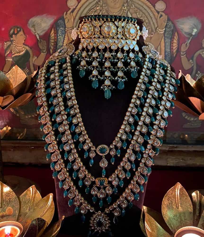 Polki emerald choker and step haram - Indian Jewellery Designs