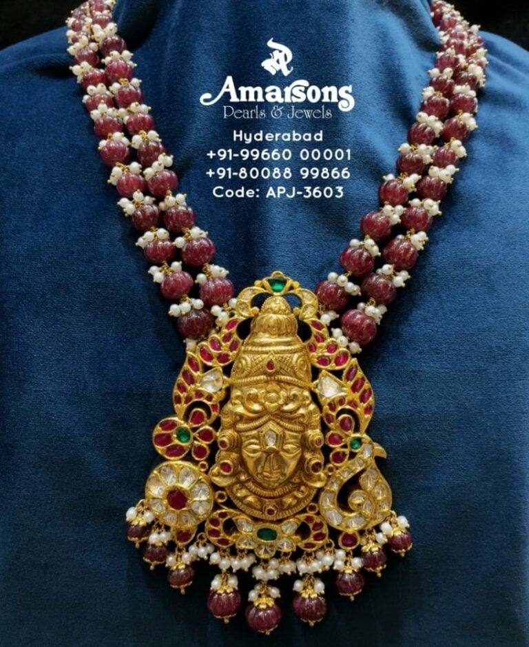 Carved ruby beads mala with Balaji pendant - Indian Jewellery Designs