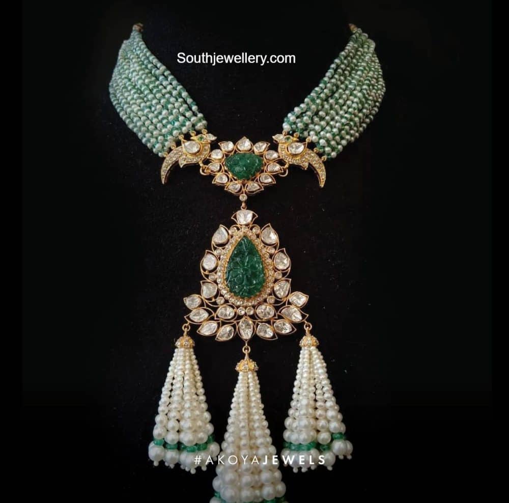Multi-strand emerald beads and pearl necklace with polki pendant