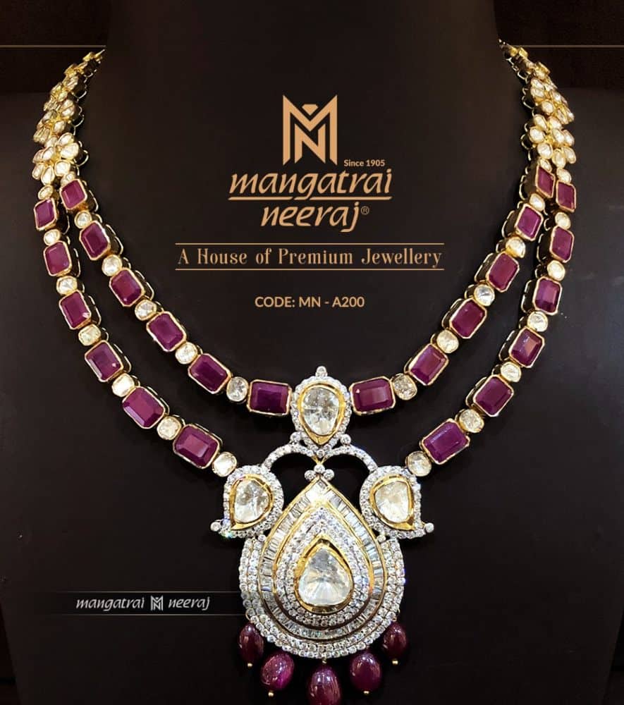 Two step ruby necklace with polki pendant - Indian Jewellery Designs