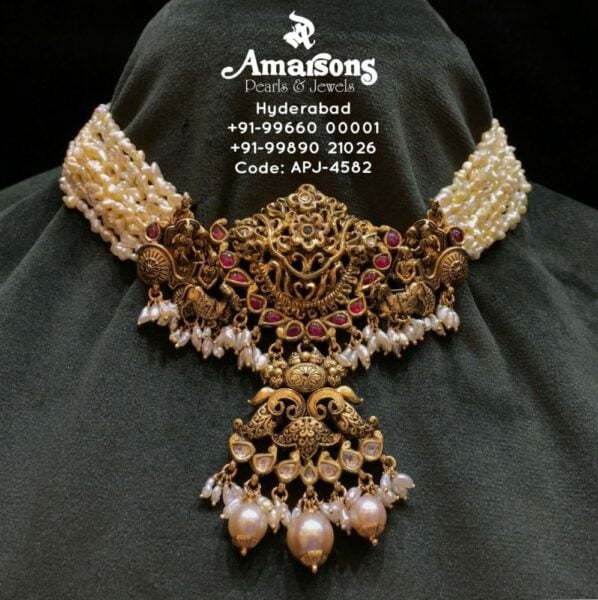 Pearl choker with antique gold nakshi pendant - Indian Jewellery Designs