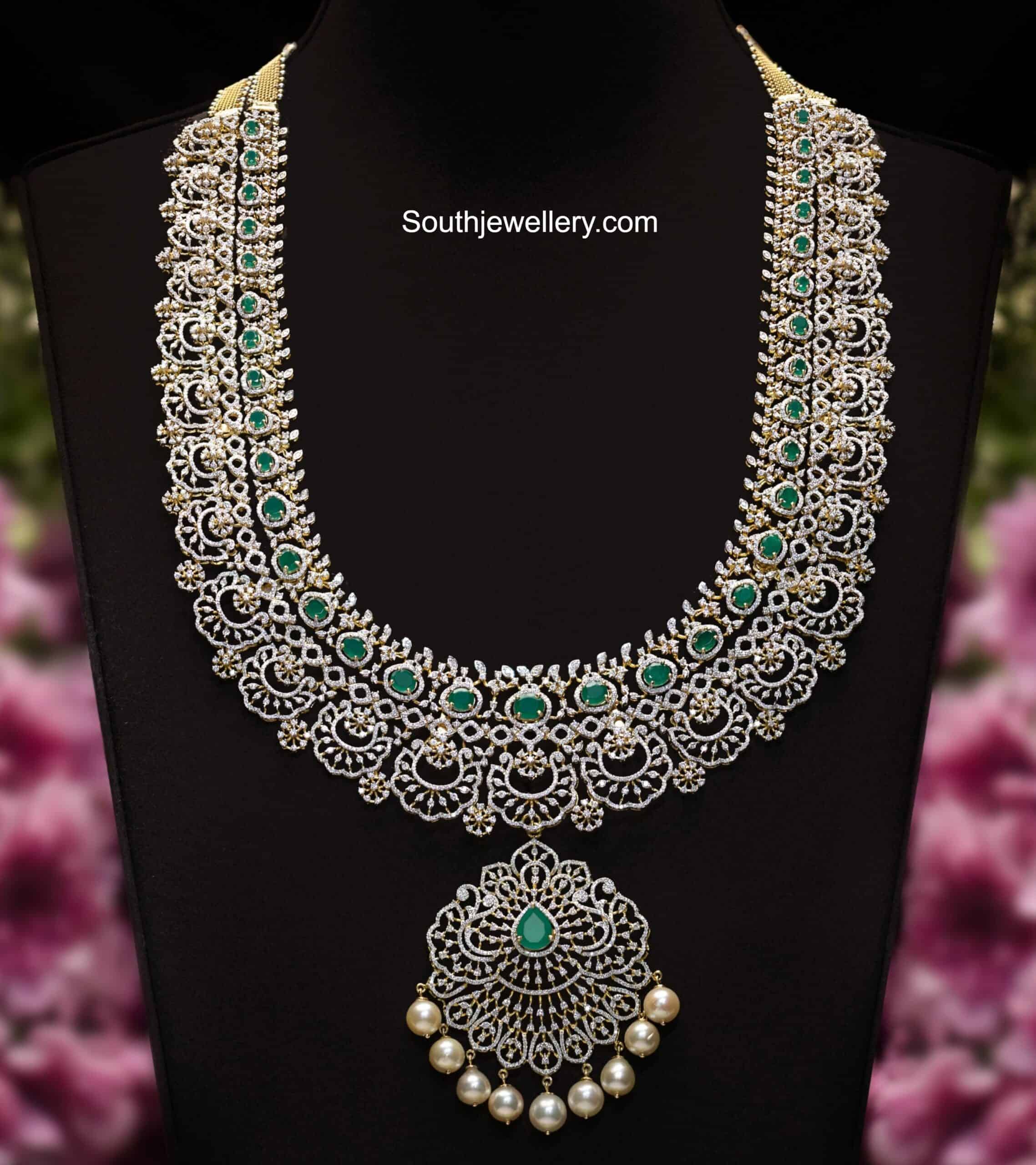 Bridal diamond emerald haram - Indian Jewellery Designs