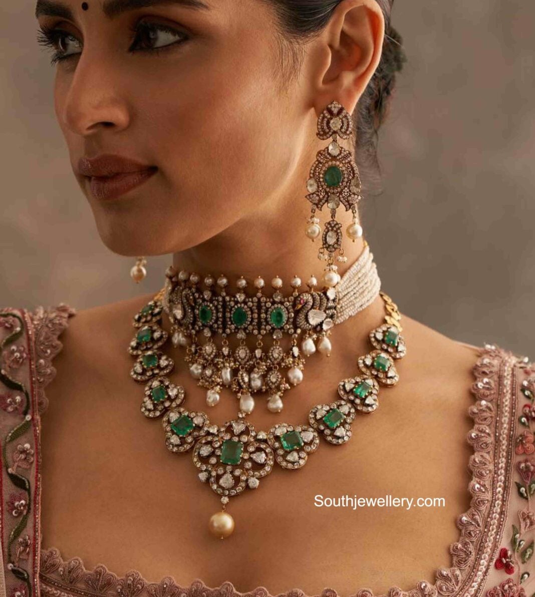 Victorian polki emerald choker set - Indian Jewellery Designs