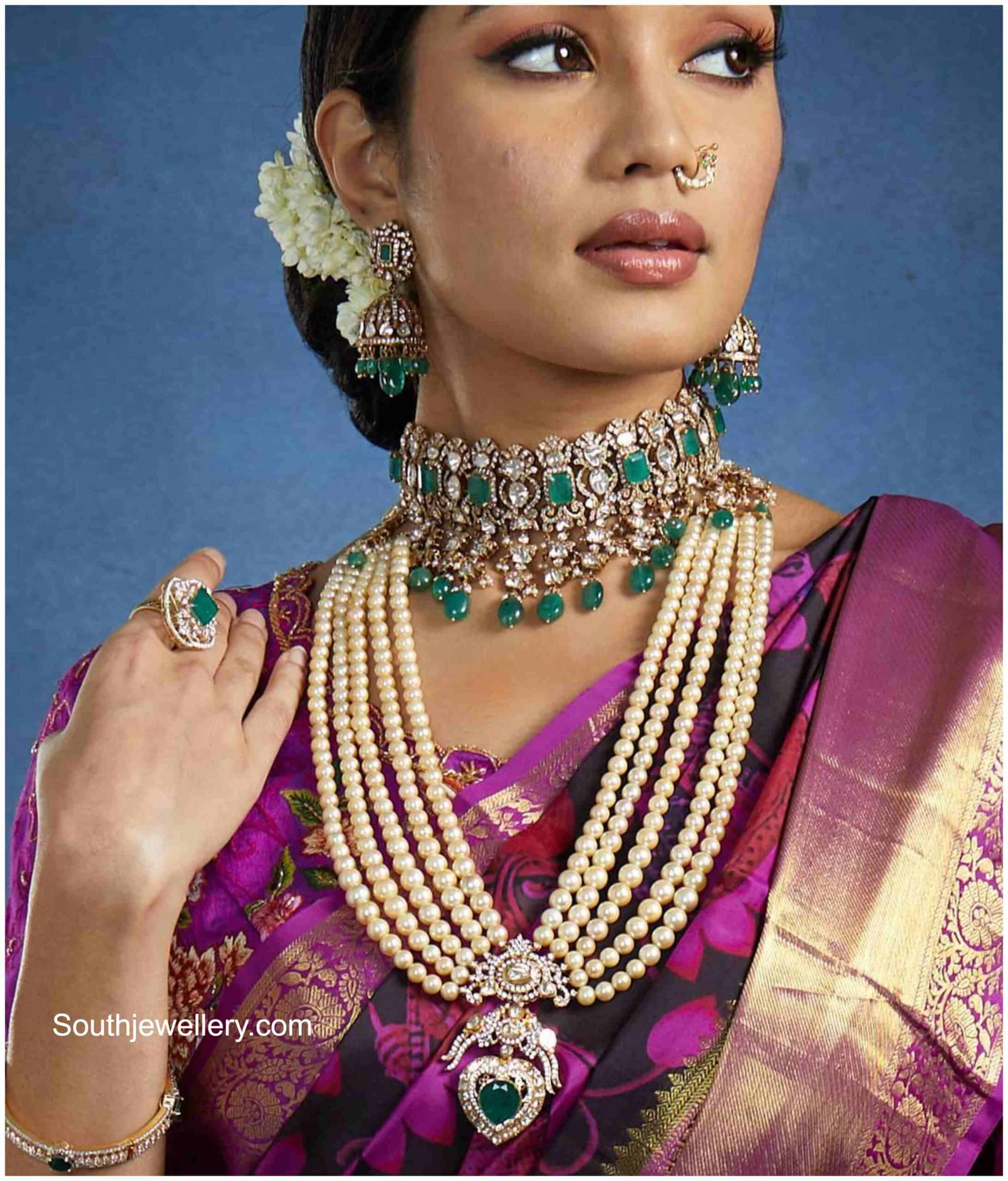 Polki emerald choker set and pearl haram