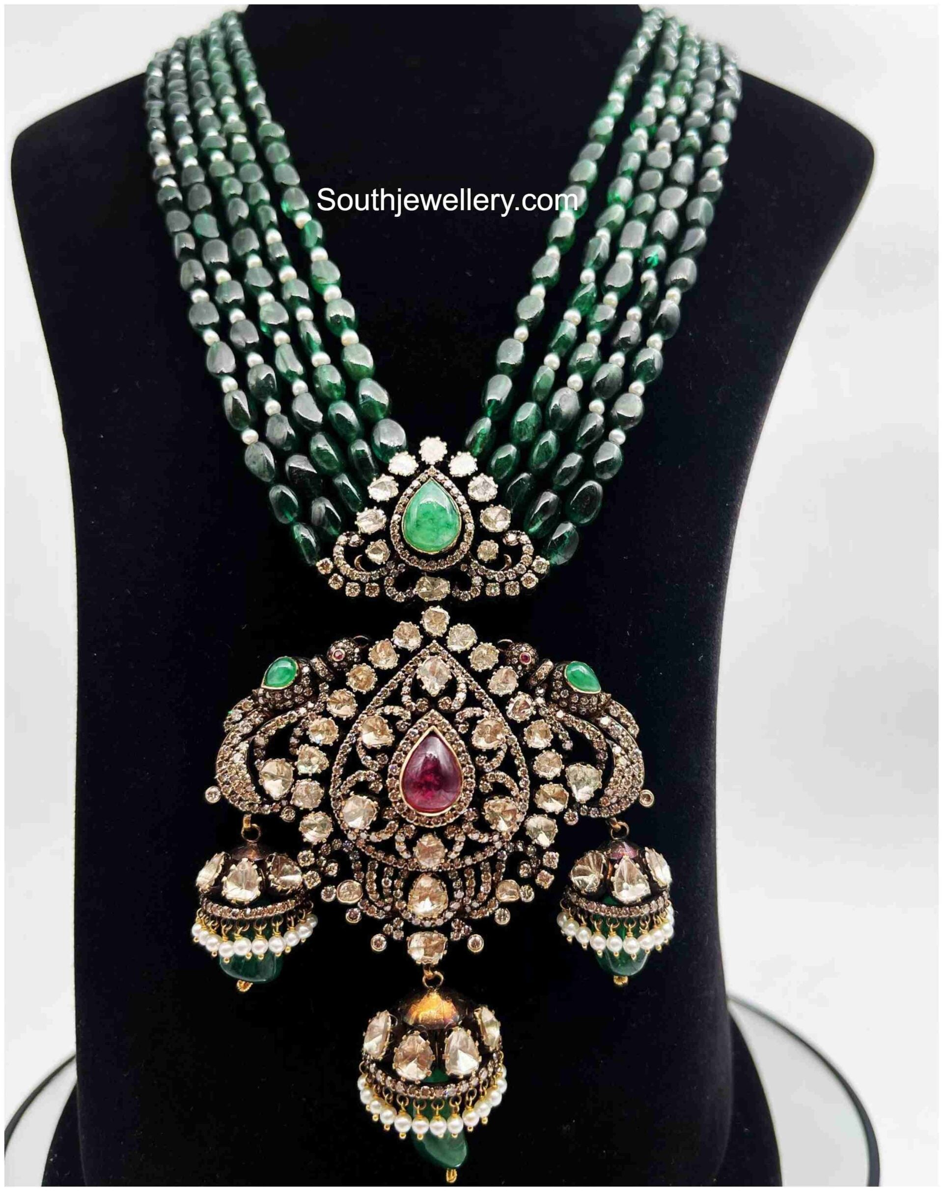 Emerald beads haram with Victorian polki pendant